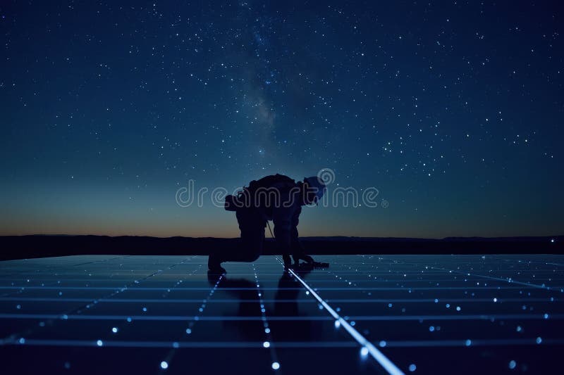 Astronaut Conducting Maintenance on Solar Panels Under a Starry Night ...