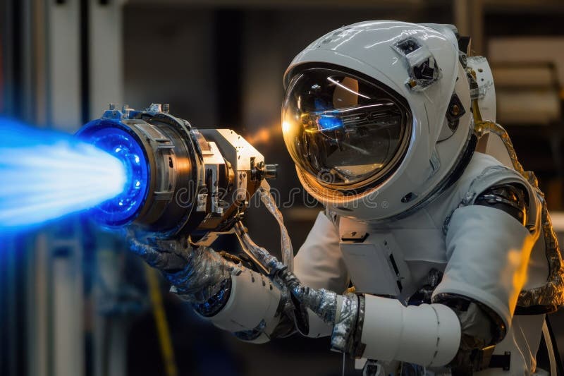 Astronaut Conducting Propulsion Test with Thruster in a Space ...