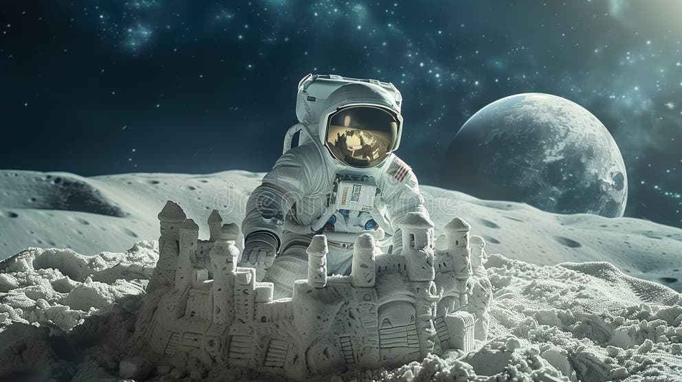 An Astronaut Constructs a Sandcastle on the Moon S Surface in a Zero ...