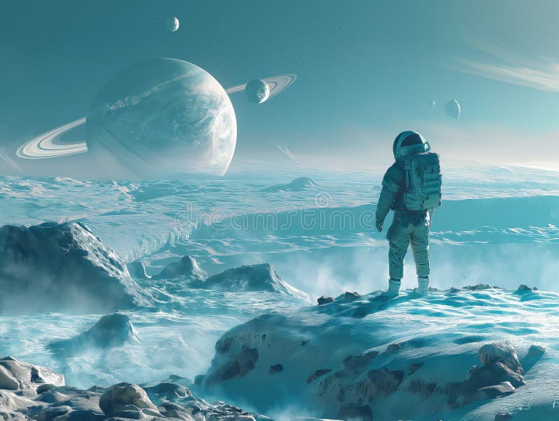 Astronaut Contemplating Distant Planets on Alien Terrain Stock Image ...