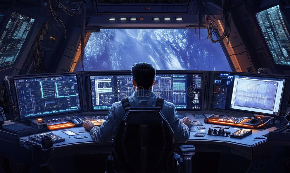 Astronaut at Control Panel Overlooking Earth from Space Station with ...