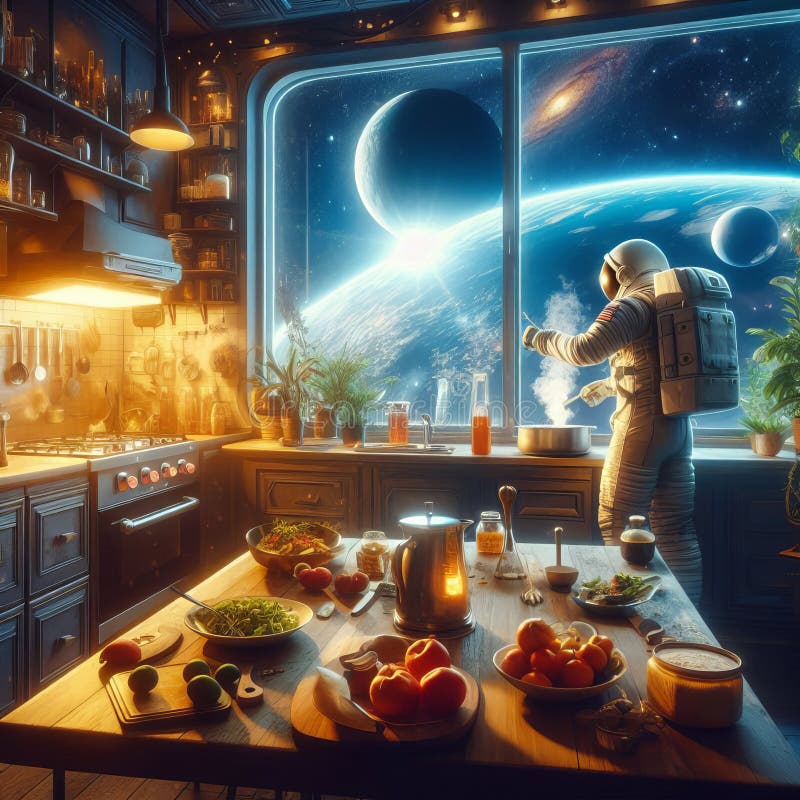 Astronaut Cooking in Futuristic Space Kitchen Stock Image - Image of ...