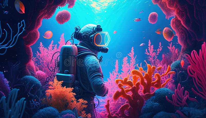 Astronaut Coral Reef Exploration Digital Art Illustration, Generative ...