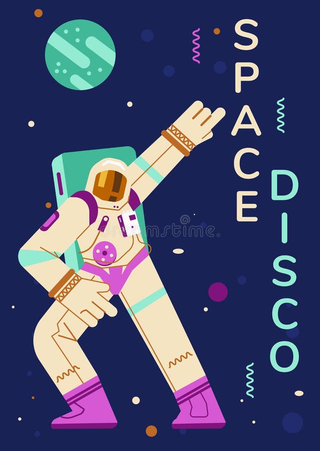 Astronaut Dancing Disco In Outer Space Trendy Poster Template Flat