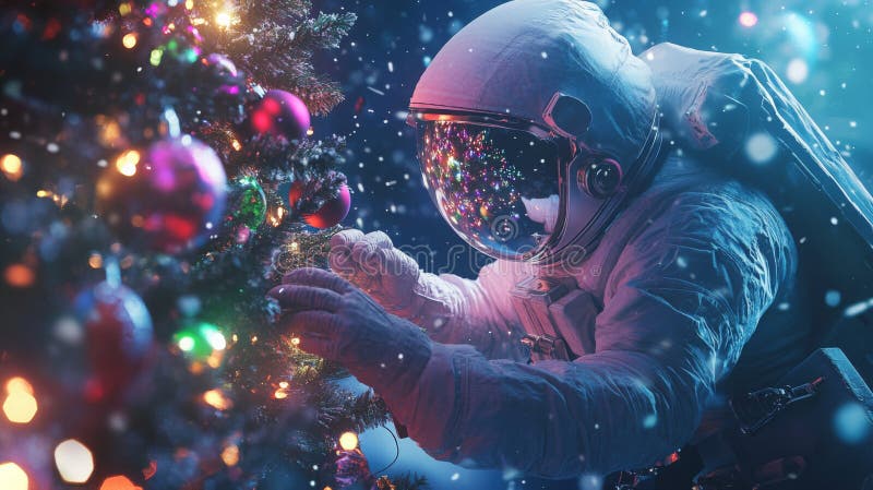 An Astronaut Decorates a Christmas Tree in Space, Surrounded by Falling ...