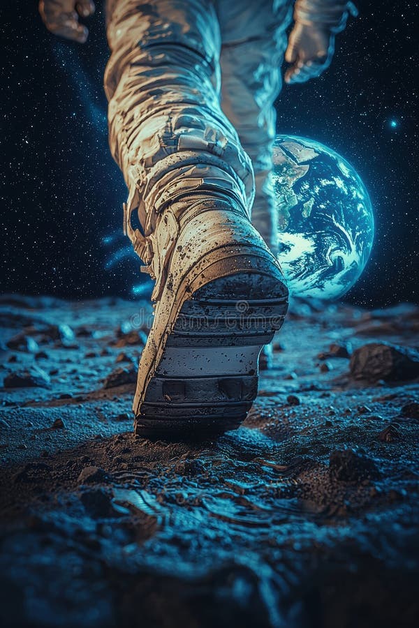 Astronaut Stepping Moon Surface Earth Visible Background Stock Photos ...