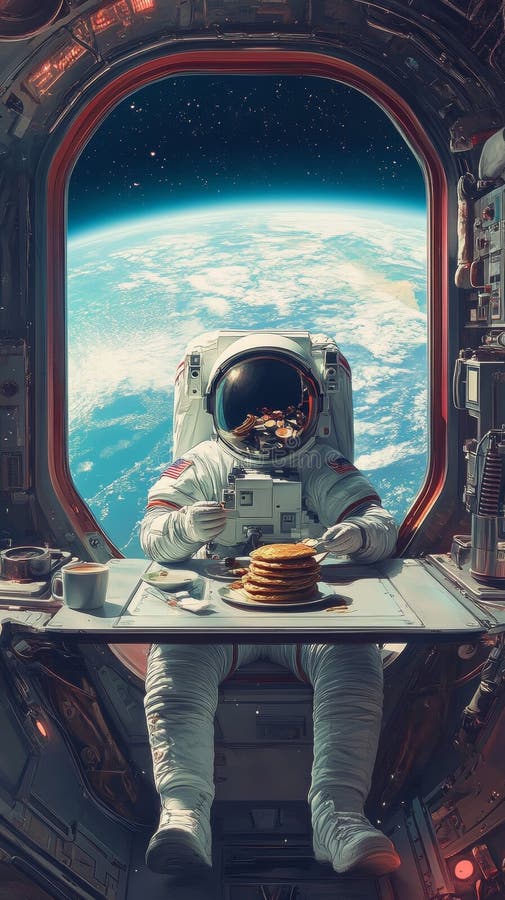 Astronaut Dining in Space Station with Pancake Stack Stock Photo ...