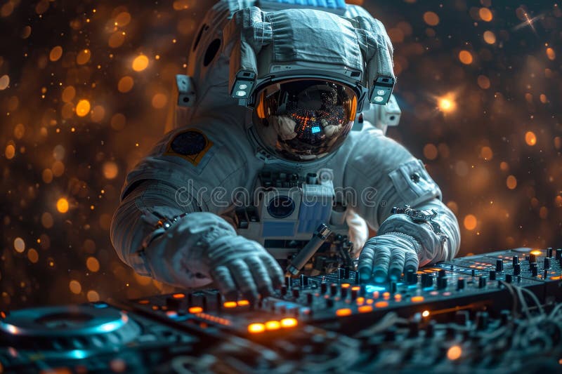 An Astronaut DJ with a Record Player in Space. 3d Illustration Stock ...