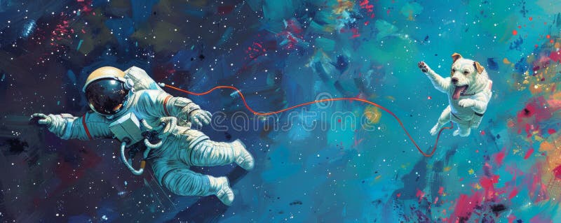 Astronaut and Dog Floating in Cosmic Space Stock Illustration ...