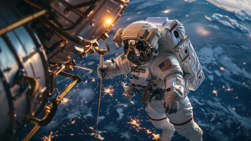 Astronaut Doing Repair Work in Orbit. Stock Illustration - Illustration ...