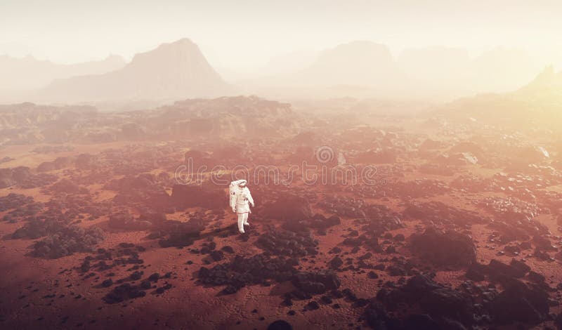 Astronaut Doing Space Walk and Explore Planet Such As Mars Stock ...