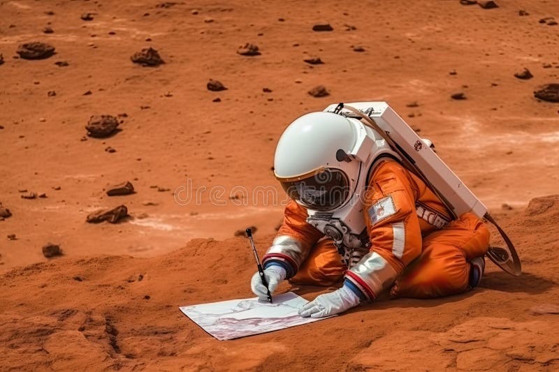 An Astronaut Drawing a Map on the Ground of Mars Stock Illustration ...