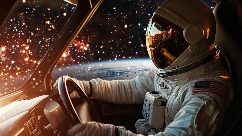 An Astronaut Drive Cabriolet Car in Open Space Galaxy Stock ...