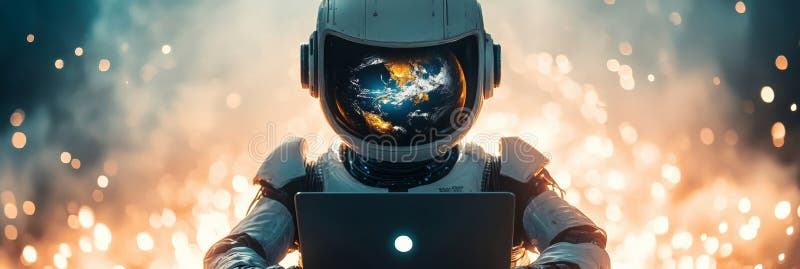 Astronaut with Earth Reflection on Laptop, Digital Future and Space Exploration Concept Stock ...
