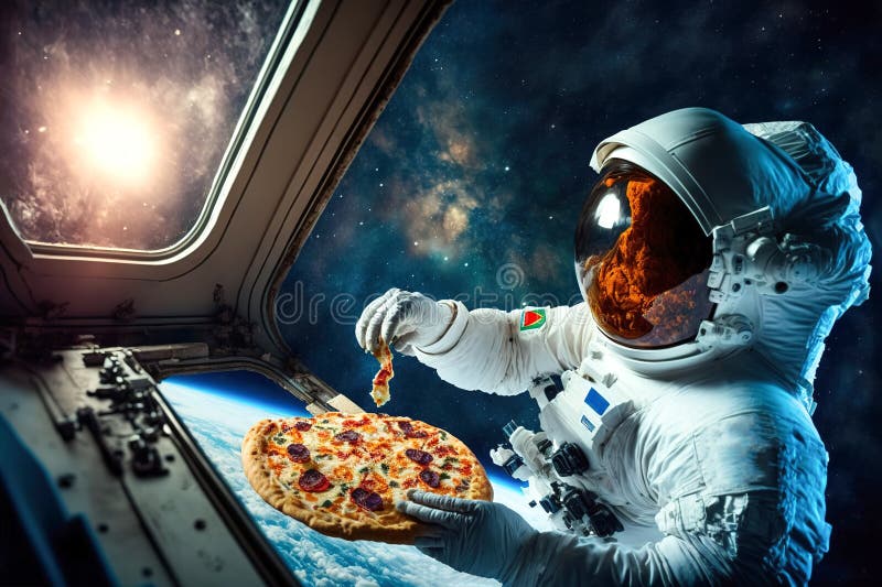 An Astronaut Eats Pizza on a Space Station Overlooking Space ...