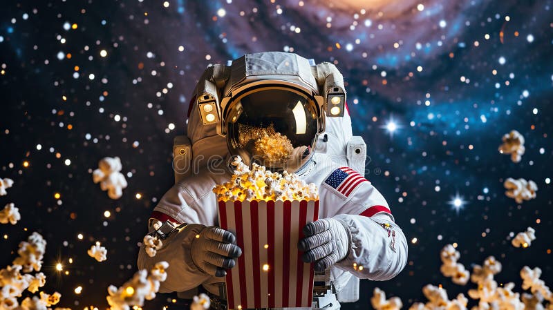 An Astronaut Eats Popcorn from Paper Box in Open Space Stock ...