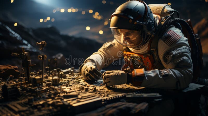 Astronaut Repairs a Satellite in Low Earth Orbit, Tools in Hand and ...