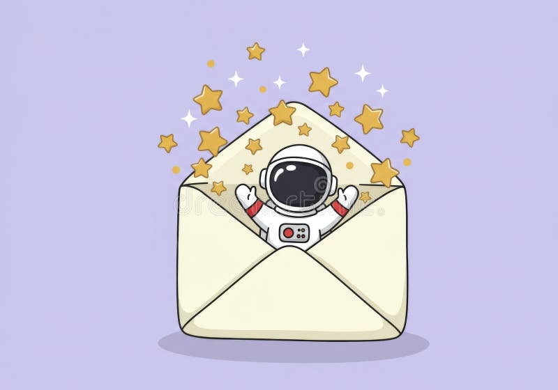 Astronaut in Envelope with Stars Illustration on Light Purple Stock ...