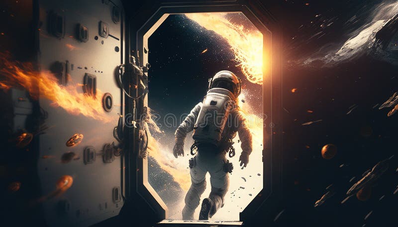 Astronaut Escape from a Doomed Ship, Digital Art Illustration ...