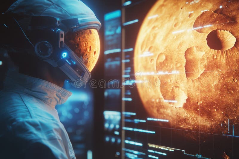 Astronaut Examining Mars through Advanced Technology in a Futuristic ...