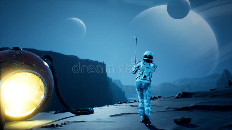 An Astronaut Explorer is Playing Golf on a Beautiful Alien Planet. 3D ...