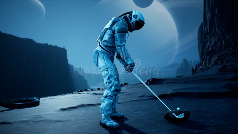 An Astronaut Explorer is Playing Golf on a Beautiful Alien Planet. 3D ...