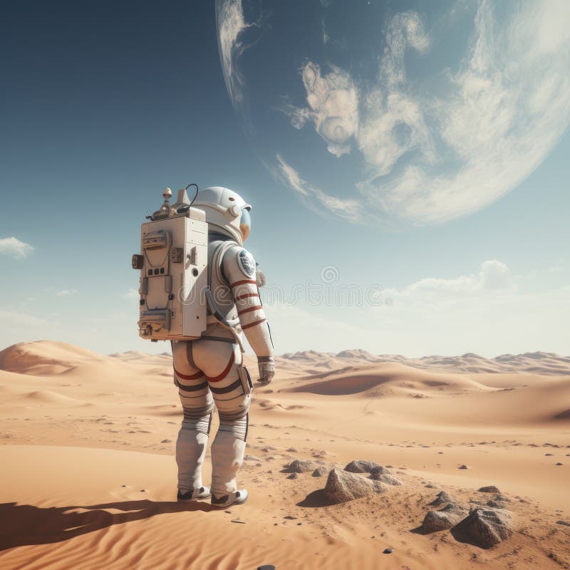 Astronaut, Explorer of Space Standing on Planet with Moon, Sand and ...