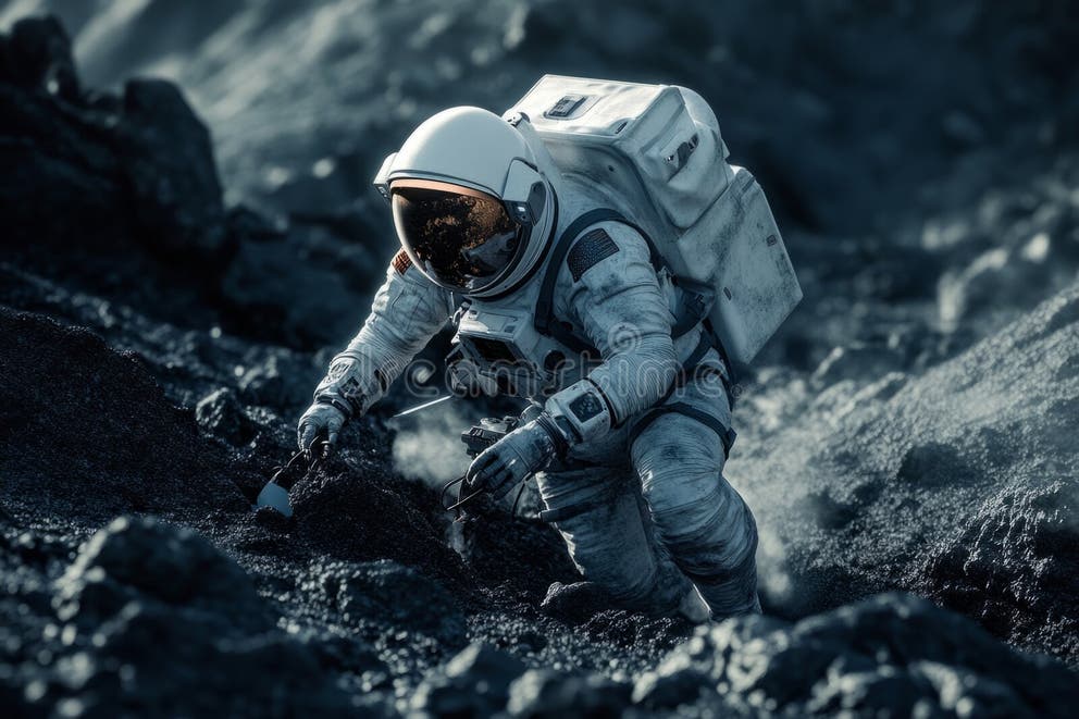 An Astronaut Explores a Distant Moon, Collecting Samples. the Scene ...