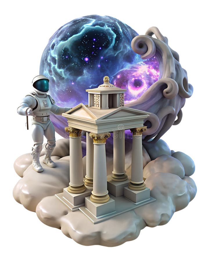 Astronaut Explores a Mysterious Floating Temple in Deep Space. Stock ...