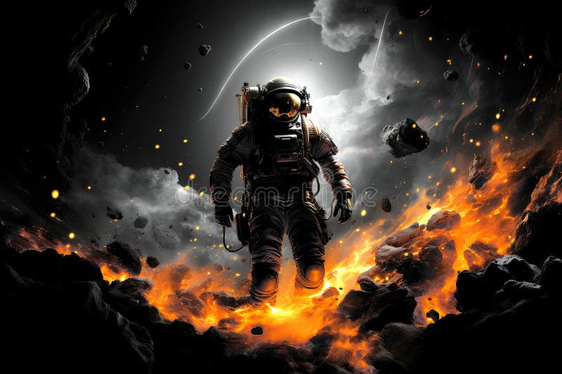Astronaut Explores Outer Dark Space, Black and White Image. Space ...