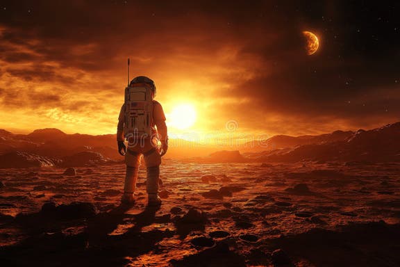 Astronaut Standing on the Surface of Mars during Sunset with a Distant ...