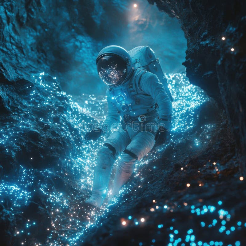 Astronaut Exploring Bioluminescent Cave with Shimmering Lights Stock ...