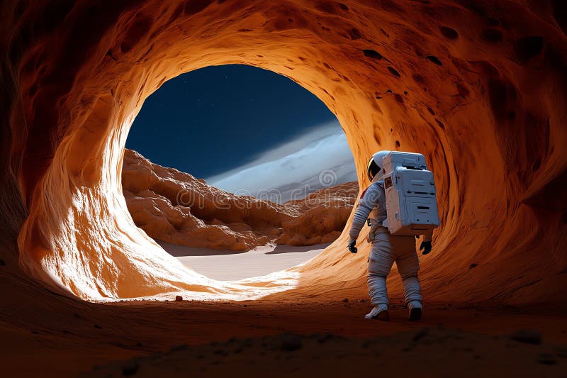 Astronaut Exploring a Cave on Mars, with a Breathtaking View of the ...