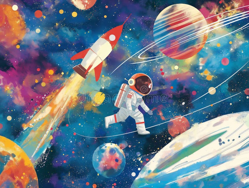 Astronaut Exploring Colorful Space with Rocket Stock Image - Image of ...