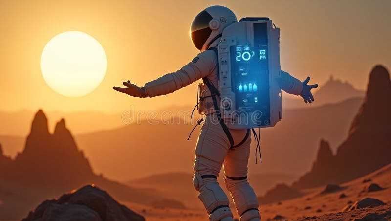 Astronaut Exploring Desert Planet Landscape at Sunset with Advanced ...