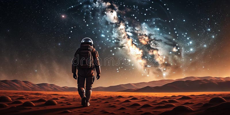 Astronaut Exploring a Distant Planet Under a Vibrant Cosmic Sky Stock ...