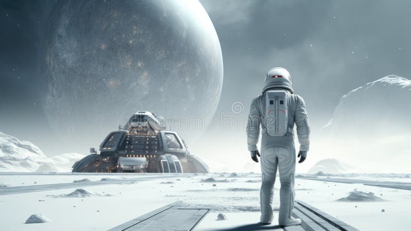 Astronaut Exploring an Exoplanet. Sci-fi Colonist in Spacesuit Walks on ...