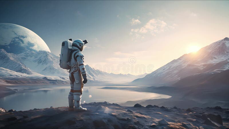 Astronaut Exploring an Exoplanet. Sci-fi Colonist in Spacesuit Walks on ...