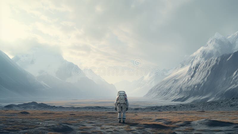 Astronaut Exploring an Exoplanet. Sci-fi Colonist in Spacesuit Walks on ...