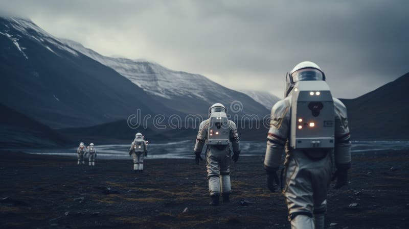 Astronaut Exploring an Exoplanet. Sci-fi Colonist in Spacesuit Walks on ...