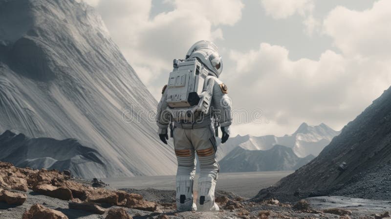 Astronaut Exploring an Exoplanet. Sci-fi Colonist in Spacesuit Walks on ...