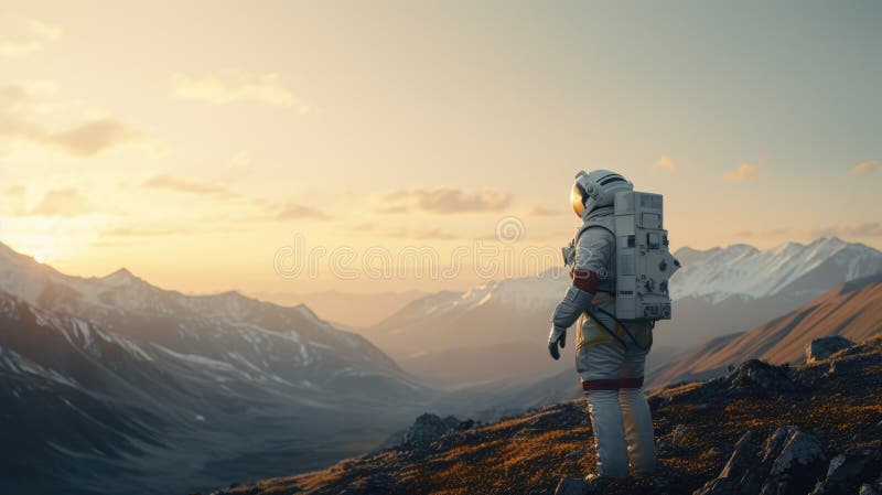 Astronaut Exploring an Exoplanet. Sci-fi Colonist in Spacesuit Walks on ...