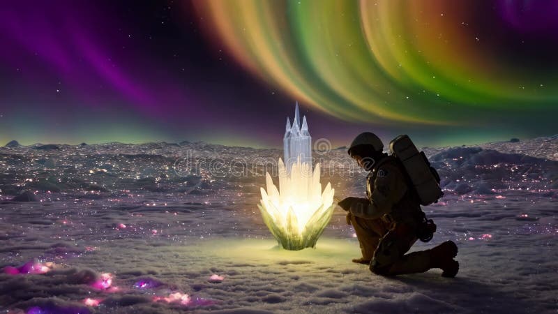 Astronaut Exploring Glowing Crystal Structure on Alien Planet Under ...