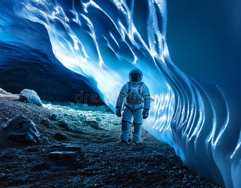 Astronaut Exploring Ice Cave on Alien Planet Stock Illustration ...