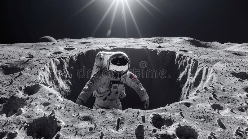 Astronaut Exploring Lunar Surface, Emerging from Crater, with Bright ...