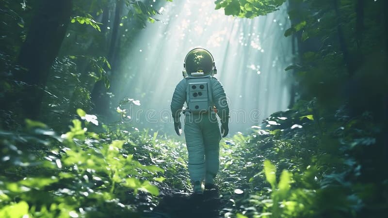 Astronaut Exploring Lush Forest Path with Sunlight Beams Stock Footage ...
