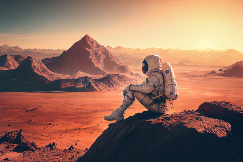 Astronaut Exploring Mars in Desert Siting on the Rocky Mountain of the ...