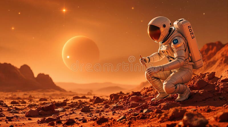 Astronaut Exploring Mars Landscape at Sunset, Futuristic Space ...
