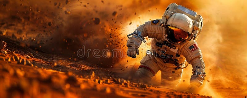 Astronaut Exploring Mars Surface in Dust Storm with Space Suit and ...