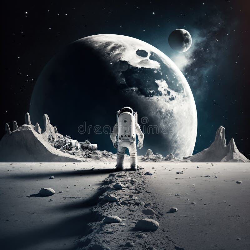 Astronaut Exploring on Moon and Admiring Planets, Created Using ...